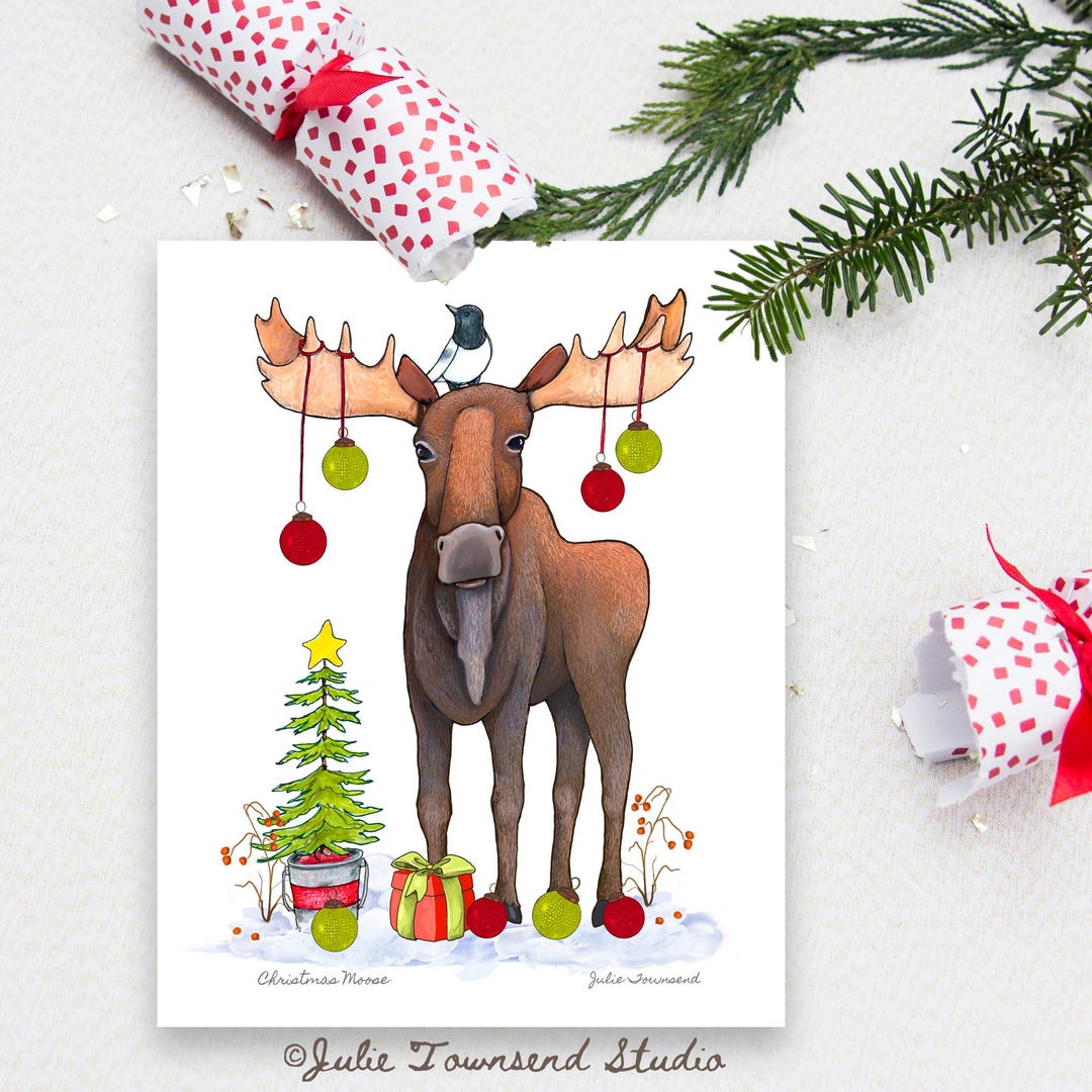 Christmas Moose and Magpie Art Print - Adorable Woodland Scene to Add ...