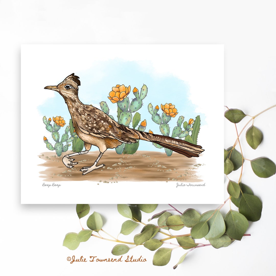 Roadrunner With Cactus Wall Art Desert Bird Wall Art Cactus Flowers ...