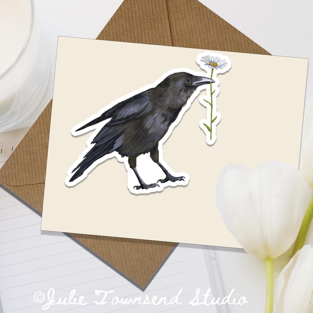 Thankful Crow Vinyl Decal - Smart Crow With a Daisy - Perfect Gift for Bird Lovers - Large Raven ...