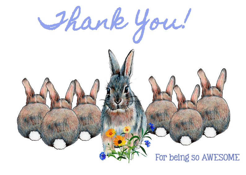 Bunny Thank You Card Awesome Bunny Card Wildflowers Bunny | Etsy