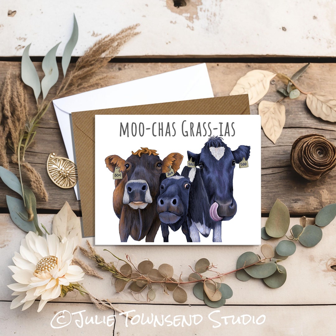 Pretty Girls Original Artwork on a Set of Thank You Cards Funny Cow Pun ...