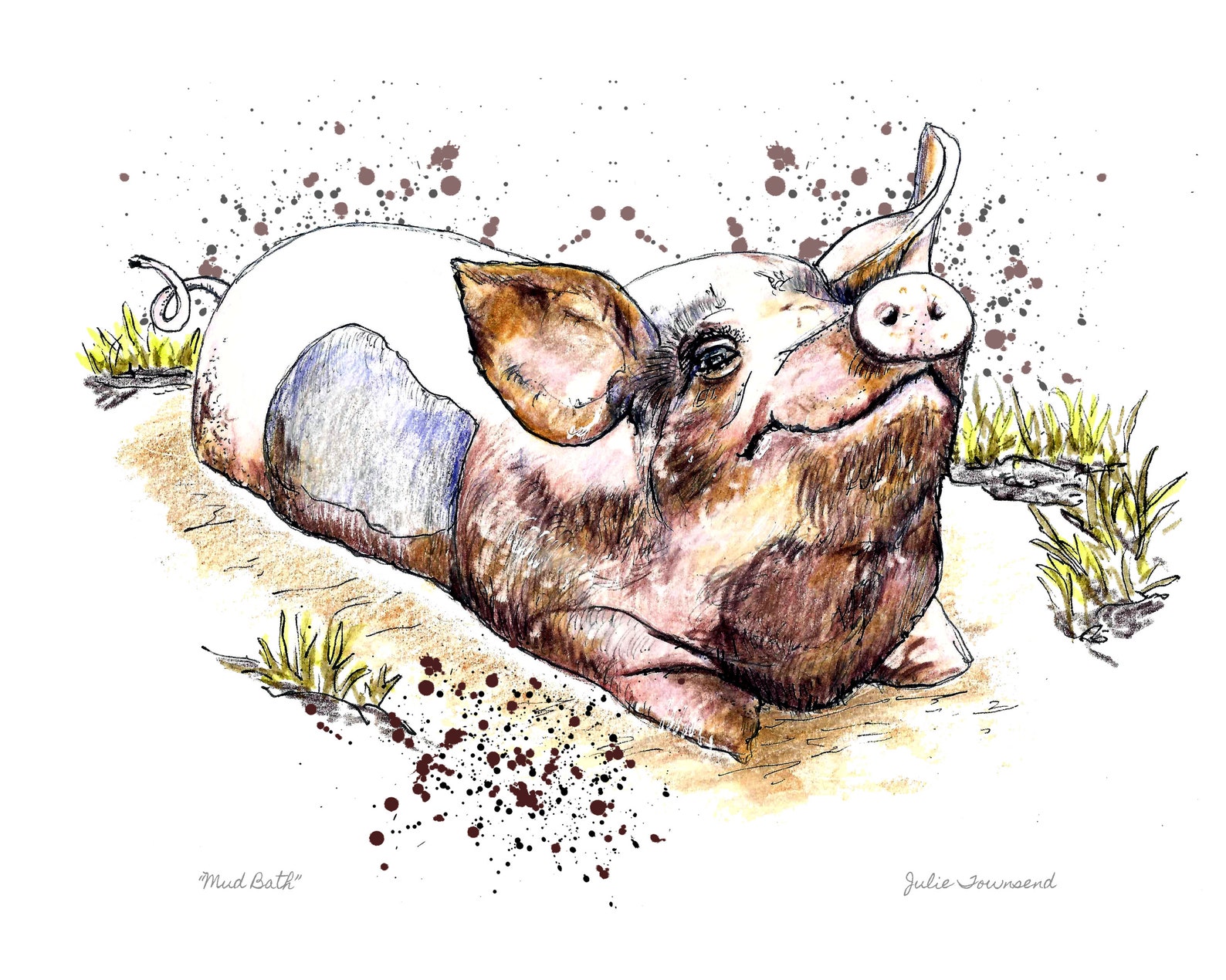 Pig in the Mud Puddle art print Happy Pig print Farm | Etsy