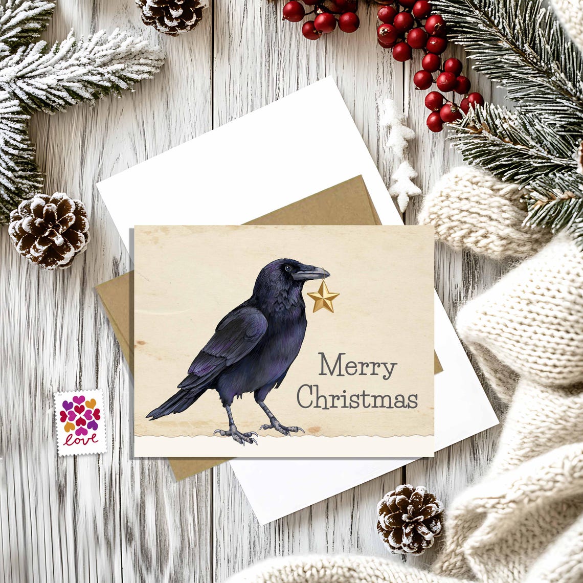 Christmas Crow Note Card Set - Crow Lover Holiday Greeting Cards - Cute ...