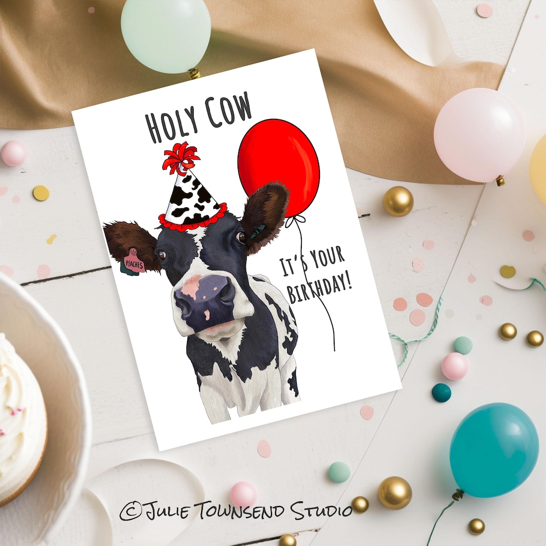 Cute Cow With Party Hat Wishing a Happy Birthday Adorable Cow Birthday ...