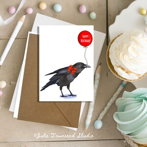 Cute Crow Holding a Red Birthday Balloon - Perfect Birthday Card for ...
