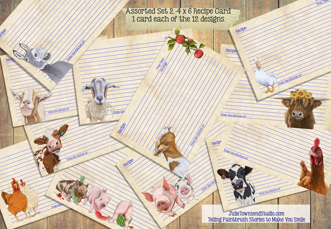 Lined Farm Animal Kitchen Recipe Cards 12 Assorted Designs - Etsy
