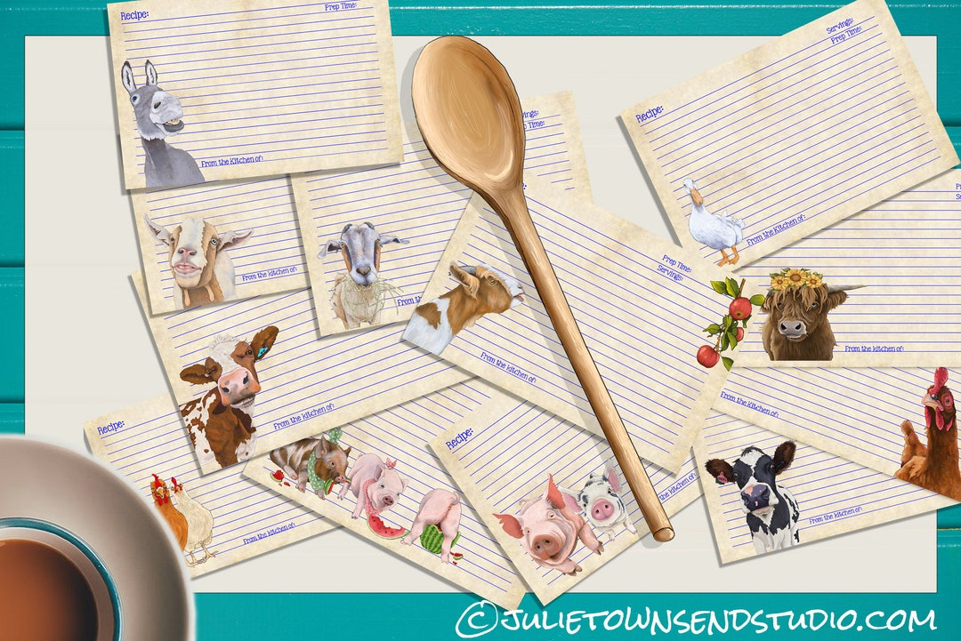 Farm Animal Kitchen Recipe Cards 2 - Set of 12 Assorted Designs - 4 X 6 ...