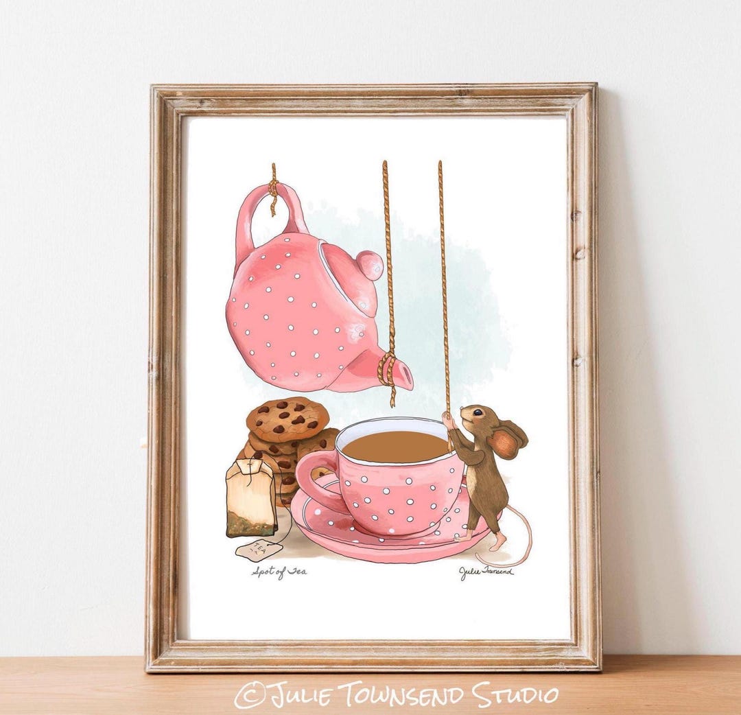 Mouse Tea Party Art Print - Pink Teapot Whimsical Illustration ...