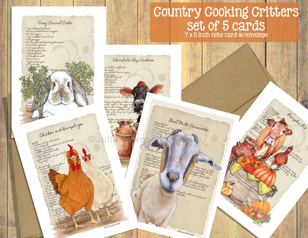 Country Cooking Critters Note Card Set Set of 5 Original - Etsy