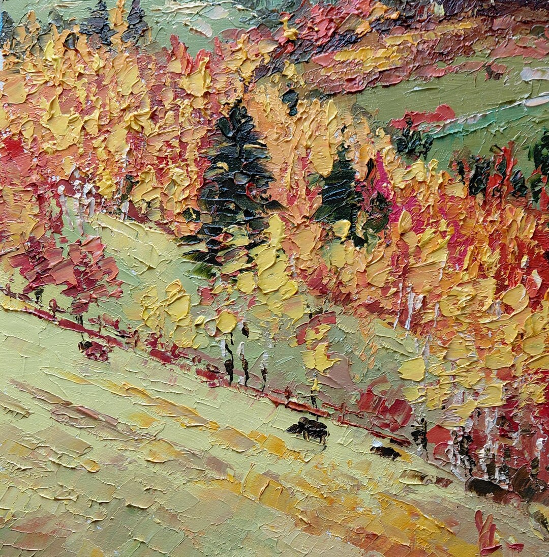 Autumn Oil Painting, Textured Forest Landscape, Impasto Art, Yellow Red ...