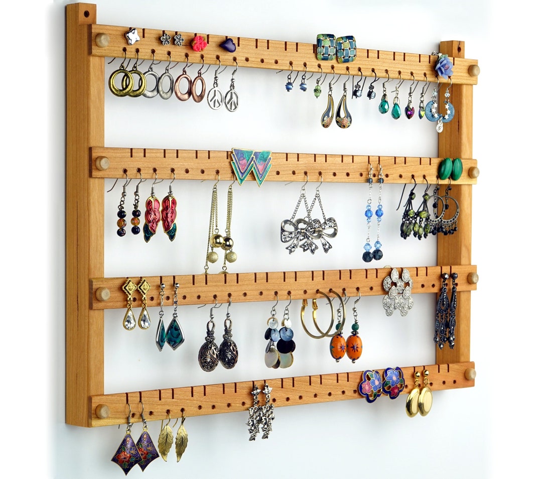 Wall Mount Earring Holder, Hanging Jewelry Holder. Cherry Wood, Wooden ...