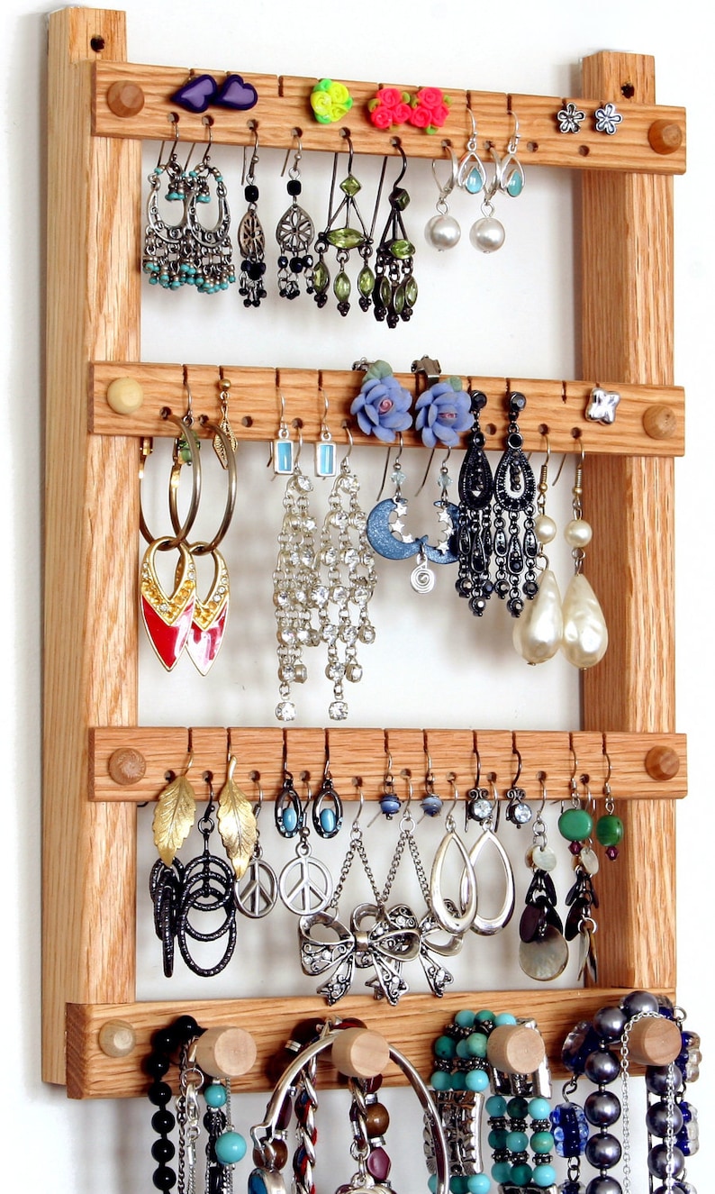 Small Oak Hanging Jewelry Organizer Wood Wall Earring Holder - Etsy
