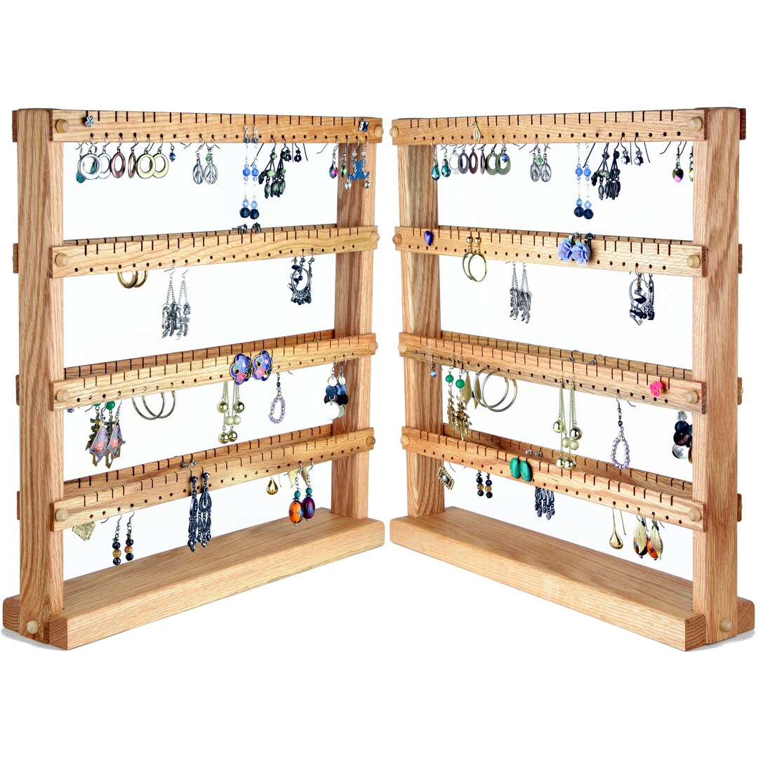 Oak Wood Earring Holder Stand, Double-sided Jewelry Holder. Holds up to ...