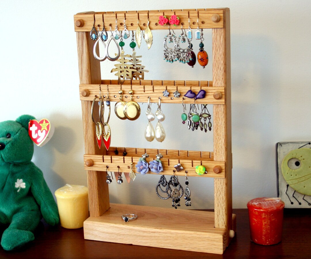 Earring Holder Stand - Jewelry Display Stand, Oak, Wood, Double-sided ...