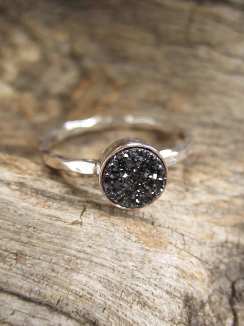 Tiny Black Druzy Ring Titanium Drusy Quartz Sterling Silver - Etsy
