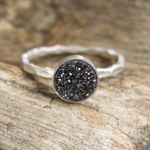 Tiny Black Druzy Ring Titanium Drusy Quartz Sterling Silver - Etsy