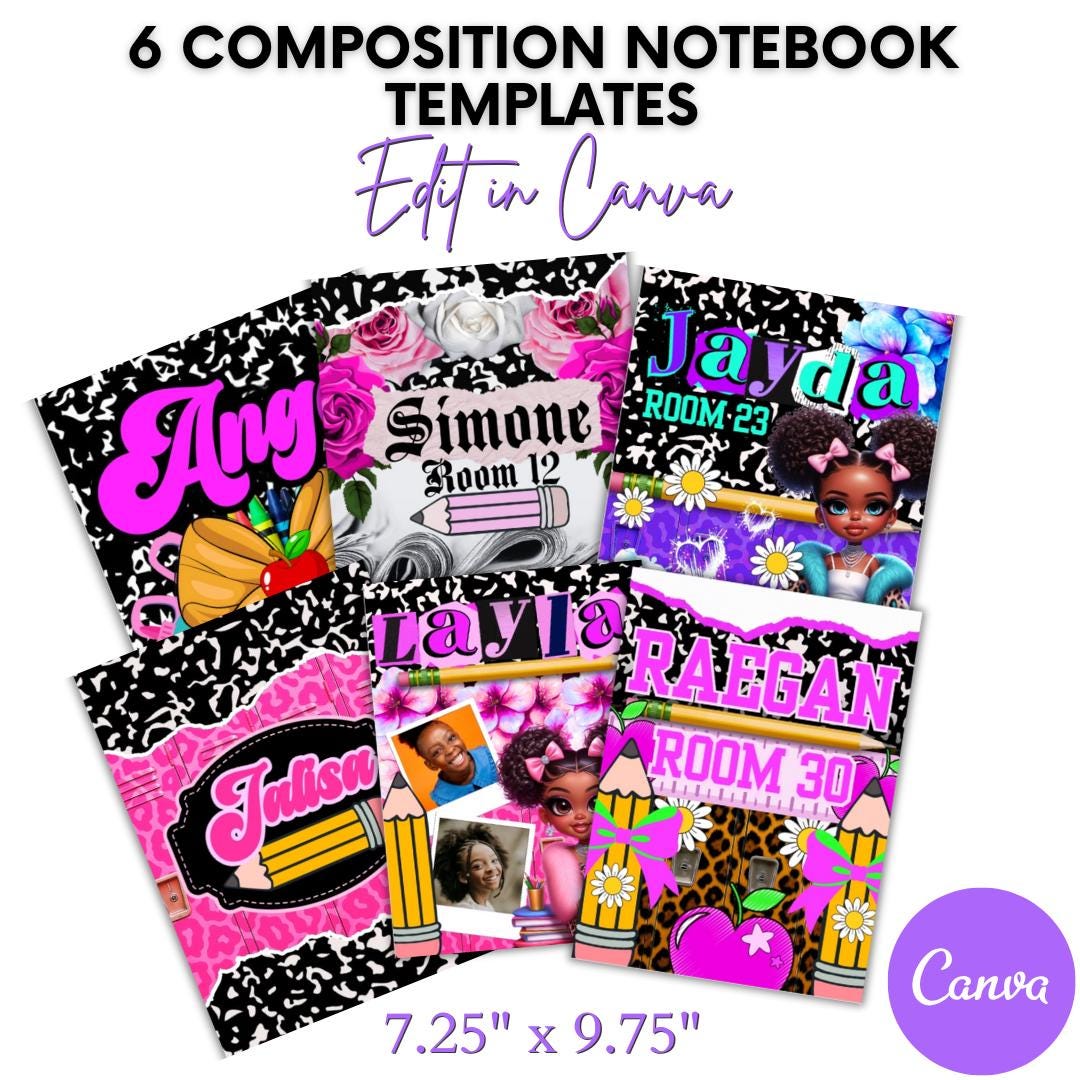 Girls Composition Notebook Covers: Editable Canva Templates (digital ...