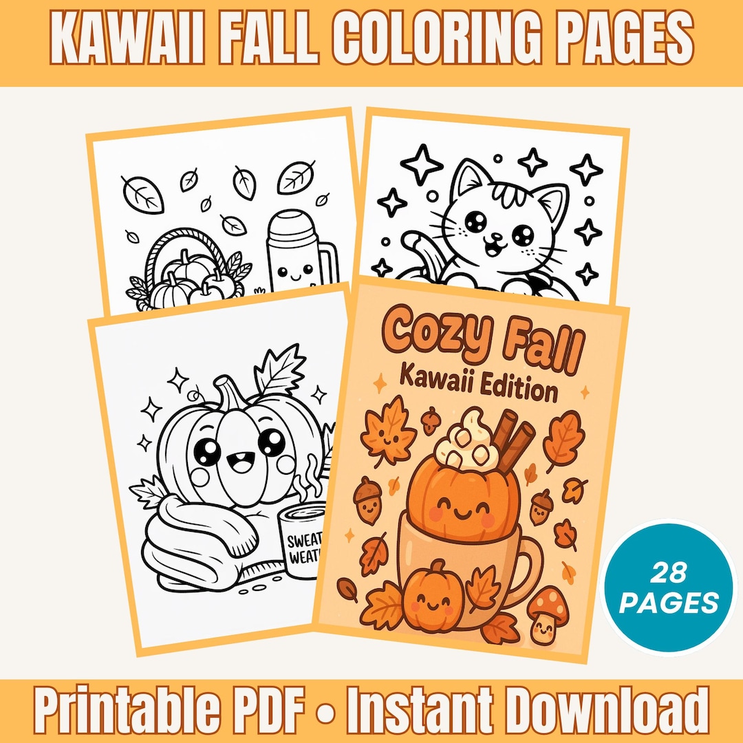 Fall Kawaii Coloring Book for Kids – Cute Autumn Animals, Pumpkin Pages ...