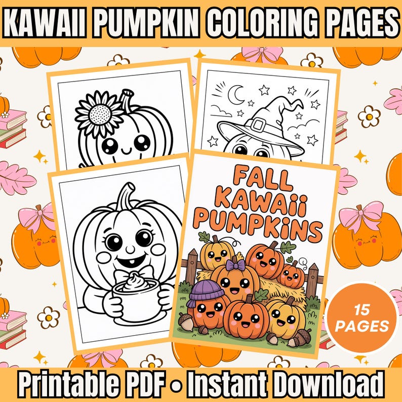 Kawaii Pumpkin Coloring Pages for Kids & Adults, 15 Cute Fall Designs ...