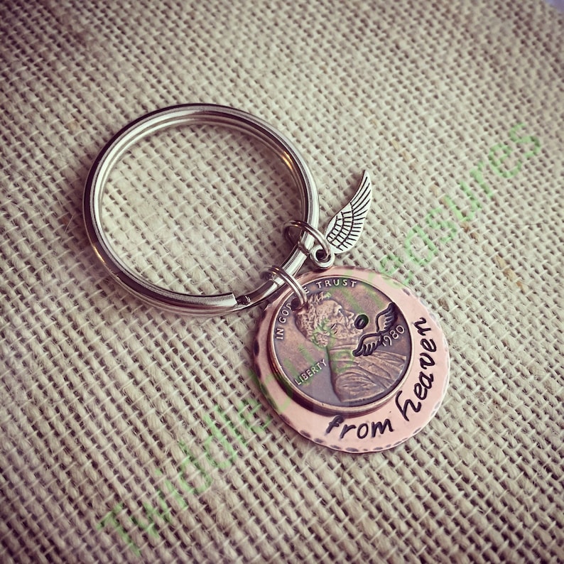 Penny From Heaven Keychain: Hand Stamped Copper Disc, Angel Wing Charm ...