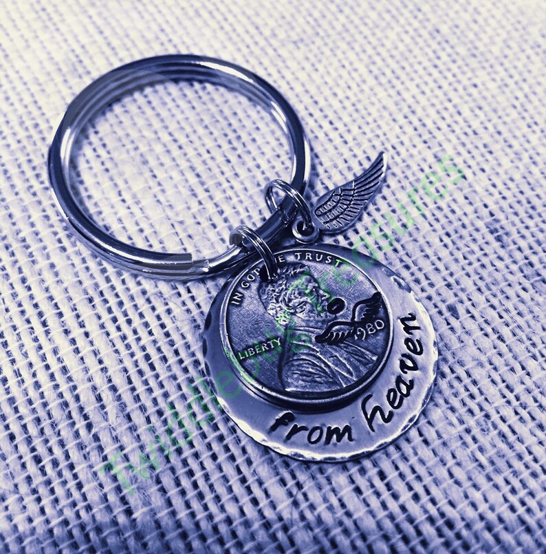 Penny From Heaven Keychain: Hand Stamped Copper Disc, Angel Wing Charm ...