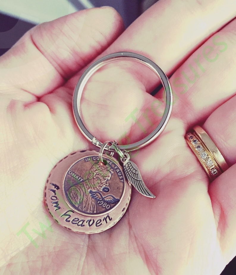 Penny From Heaven Keychain: Hand Stamped Copper Disc, Angel Wing Charm ...