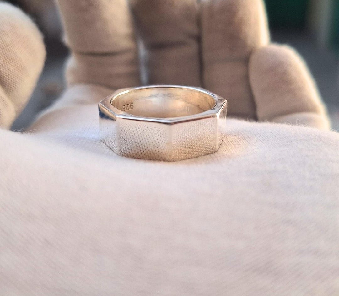 925 Silver & 14K Gold Screw Nut Ring, Industrial Band - Etsy