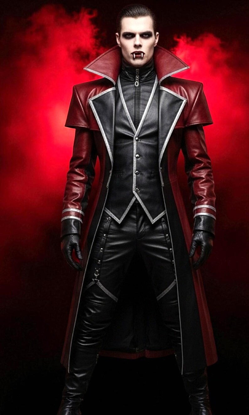 Vampire Lord Leather Trench Coat Set – Gothic Red & Black Halloween ...