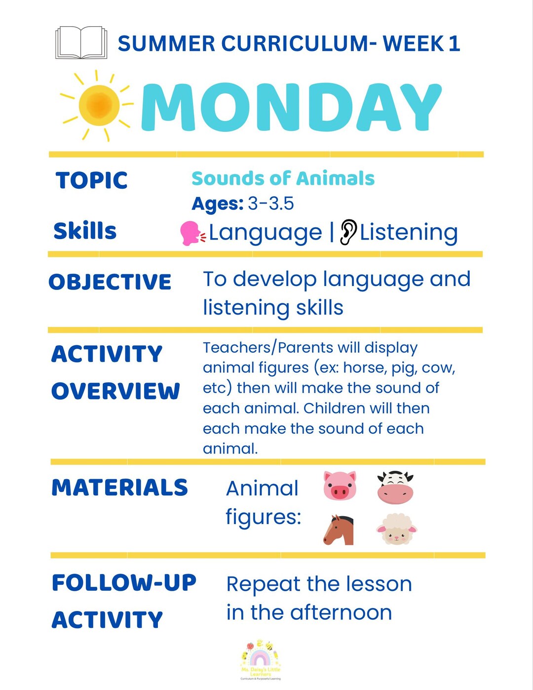 Sample- Monday Preschool Lesson Plan (summer Curriculum Week 1, Set 1 ...
