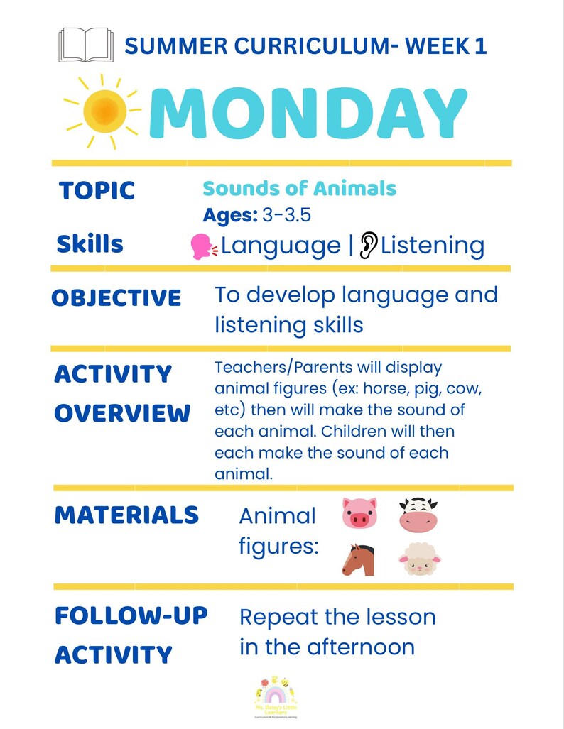 Sample- Monday Preschool Lesson Plan (summer Curriculum Week 1, Set 1 ...