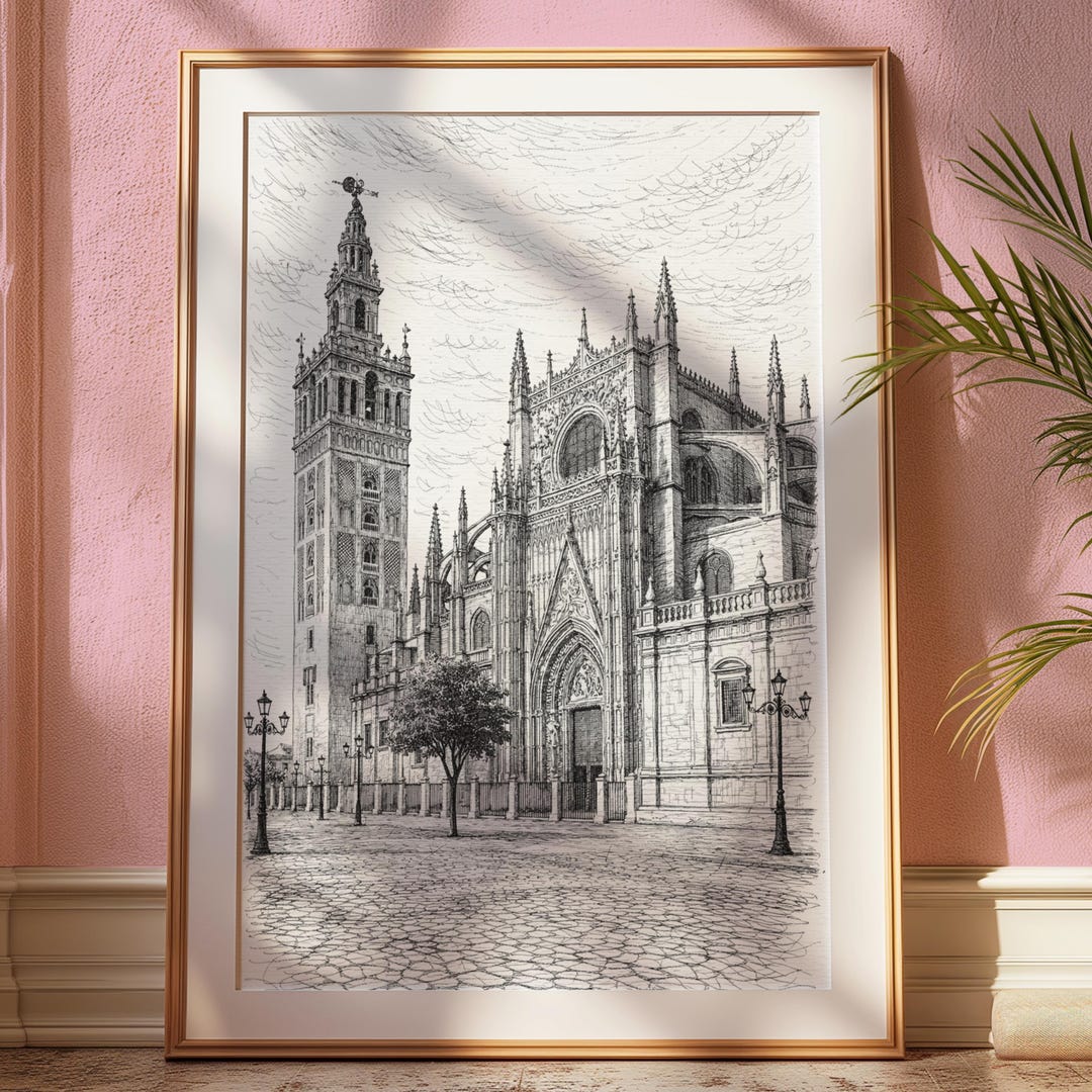 Seville Cathedral Sketch Print | La Giralda Spain Line Art, Gothic ...