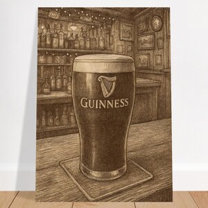 Guinness Pint in Irish Pub – Pen Sketch Poster | Vintage Bar Art Print ...