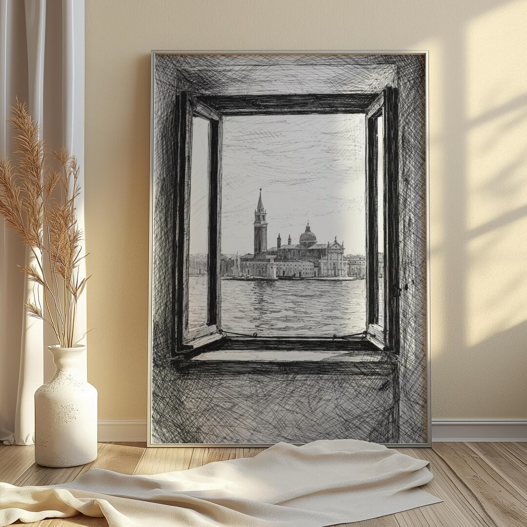 Venice Window View Pen Sketch | Italy Line Art Print, Black and White ...