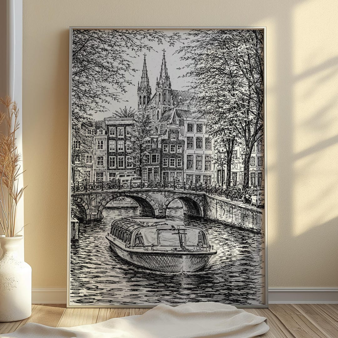Amsterdam Pen Sketch Print | Canal Bridge Wall Art, Netherlands ...
