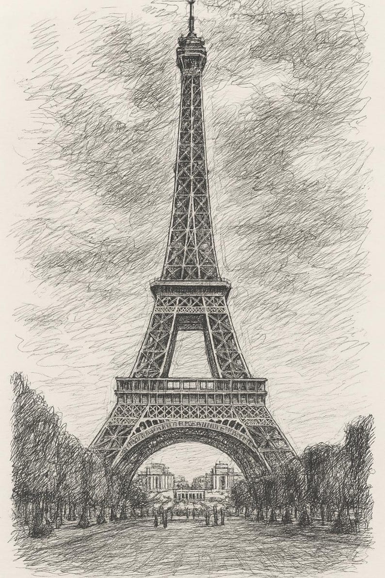 Eiffel Tower Pen Sketch Print – Paris Wall Art, Vintage Architecture ...