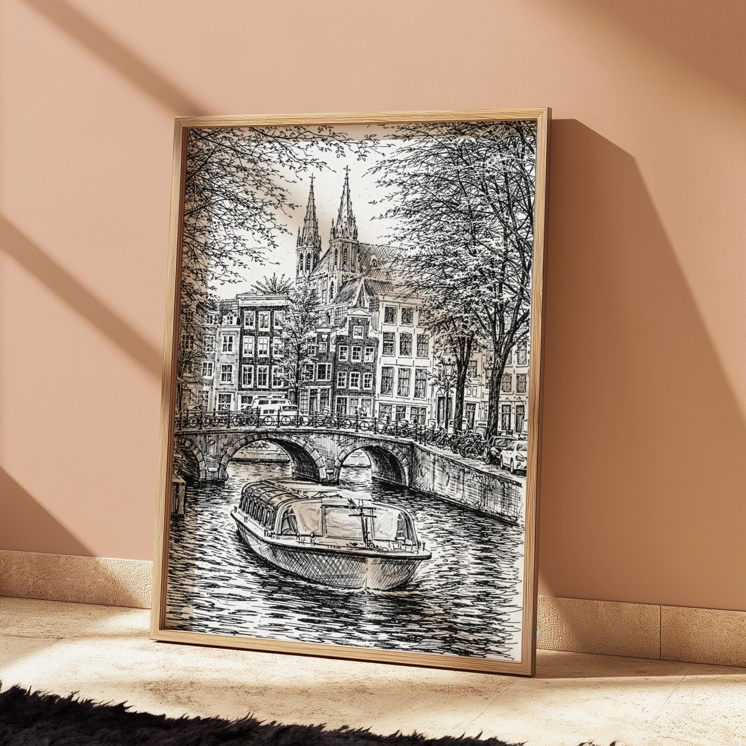 Amsterdam Pen Sketch Print | Canal Bridge Wall Art, Netherlands ...