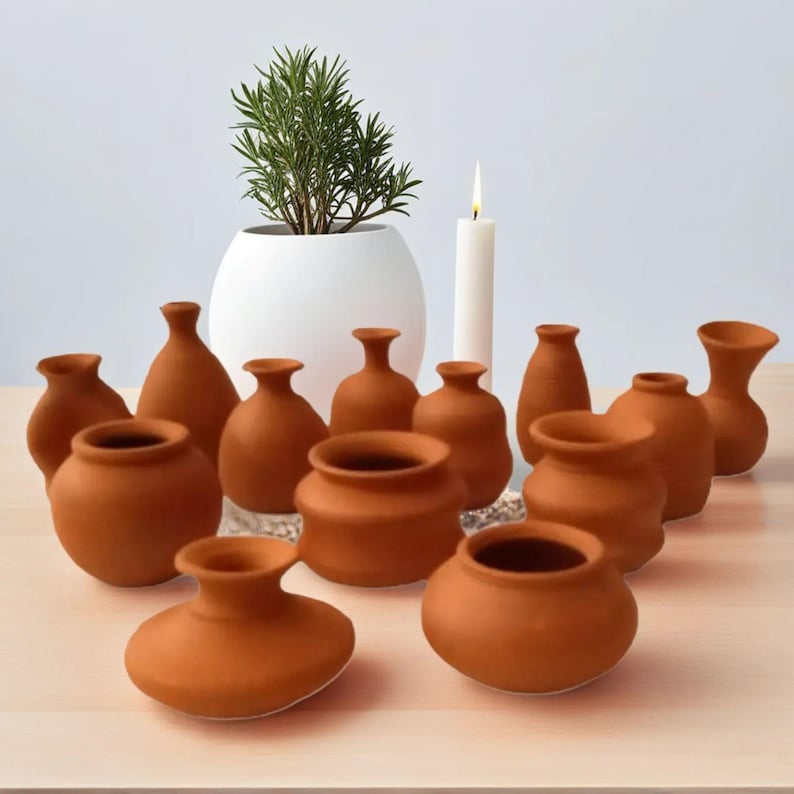 Tiny Vases - 12 Handcrafted Assorted Mini Clay Pots for Dollhouse ...