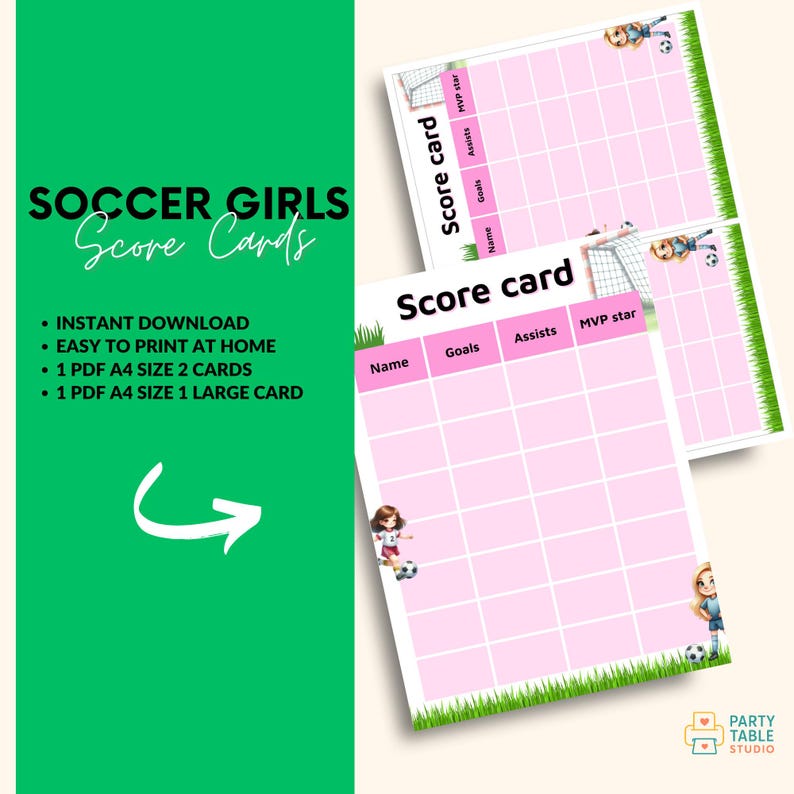Soccer Girls Score Cards | Printable Game Scorecard A4 | Party Games ...
