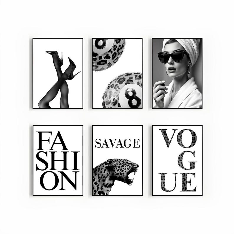Chic Black & White Fashion Art Set, Edgy Leopard and Iconic Style ...