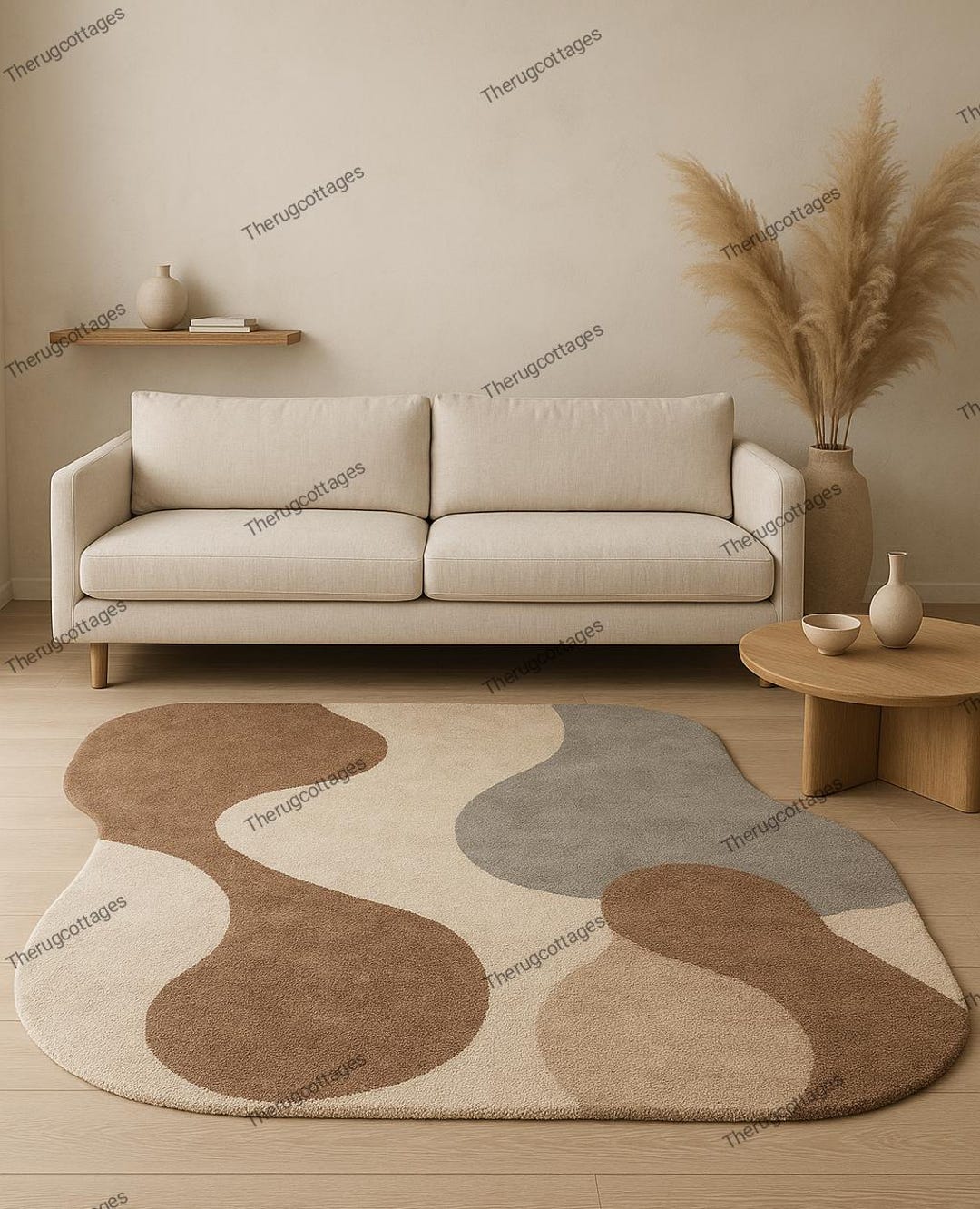 Earth-tone Abstract Hand-tufted Rug – Curved Organic Shape Rug for ...