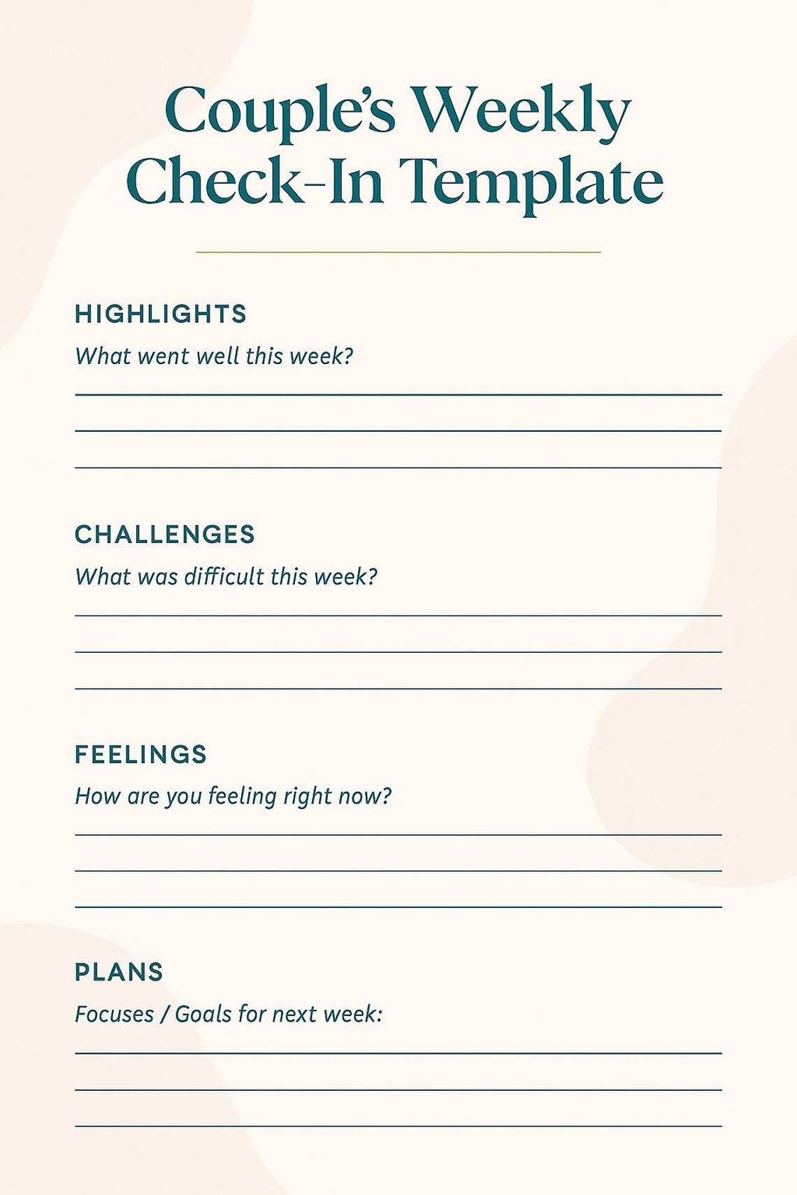 Couple’s Weekly Check-in Template – Relationship Reflection Printable ...