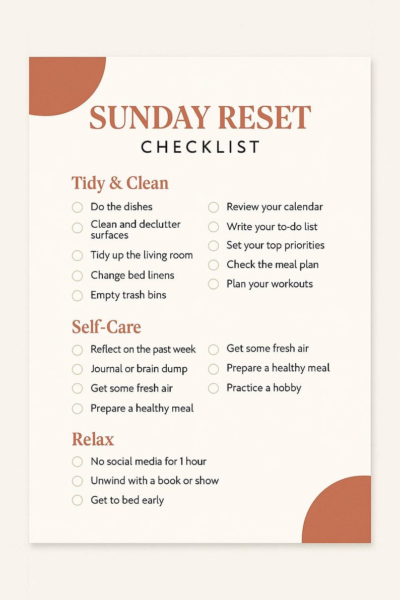 Sunday Reset Checklist Printable – Weekly Routine Template for Self ...