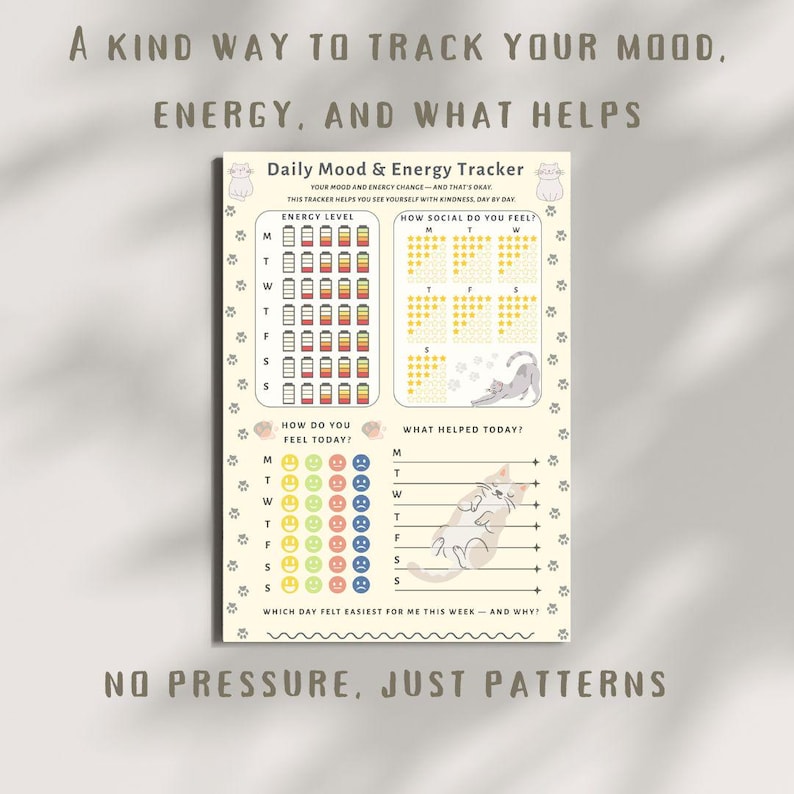Daily Mood & Energy Tracker – Cute Cat Printable for Mental Health Self ...