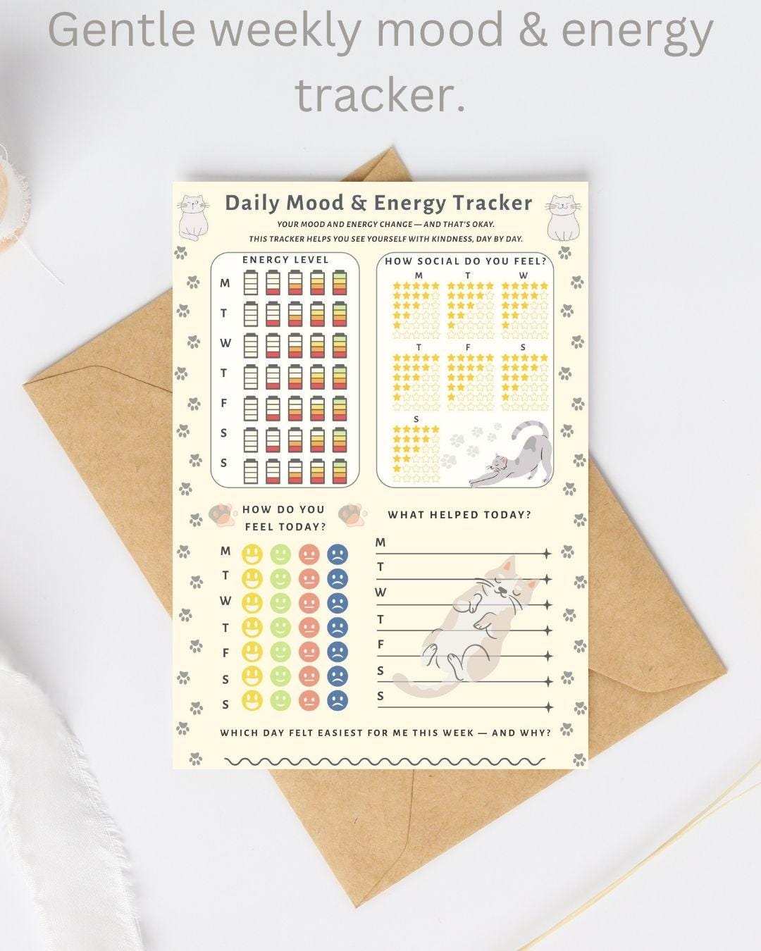 Daily Mood & Energy Tracker – Cute Cat Printable for Mental Health Self ...