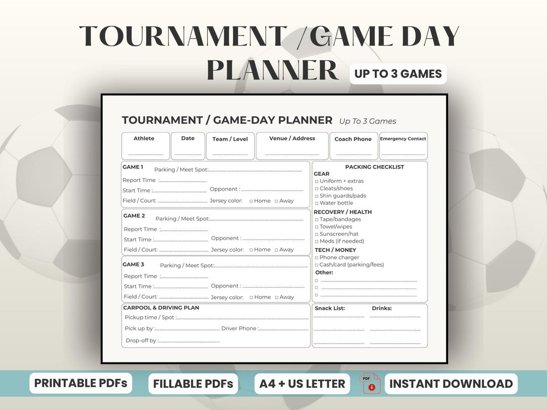 Tournament Game Day Planner Printable | Fillable Sports Tournament ...