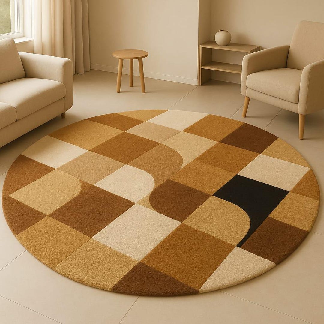 Modern Geometric Round Rug Brown & Beige Checkerboard Pattern Carpet ...