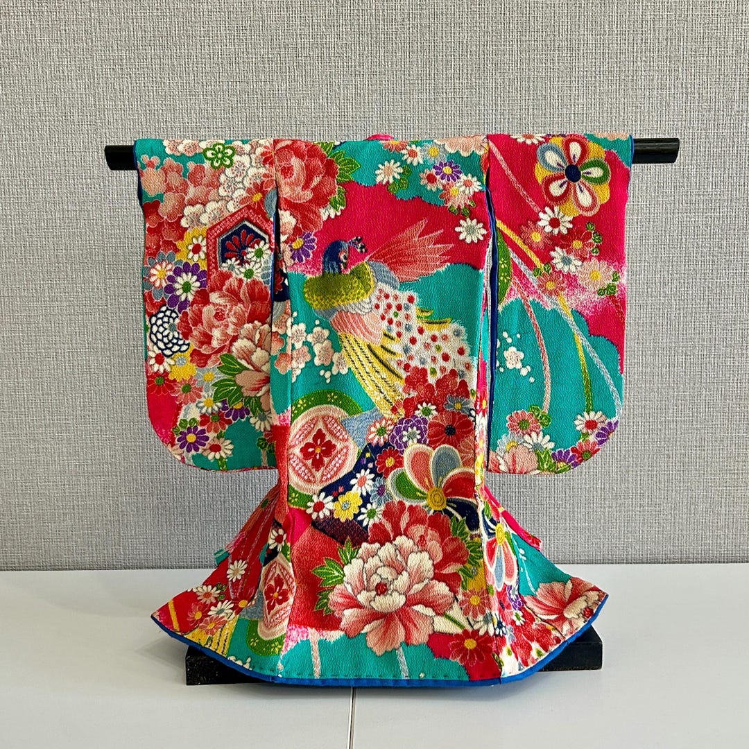 Kimono Remake｜miniature Kimono – Vibrant Peacock & Floral Motif ...