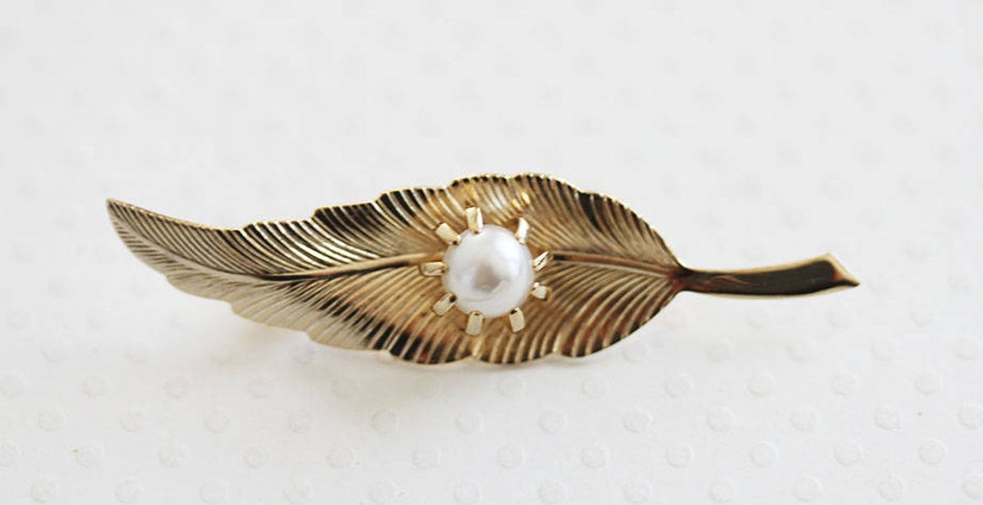 Vintage Leaf Brooch Gold Pearl Leaf Pin 60's Leaf Jewelry Madman ...