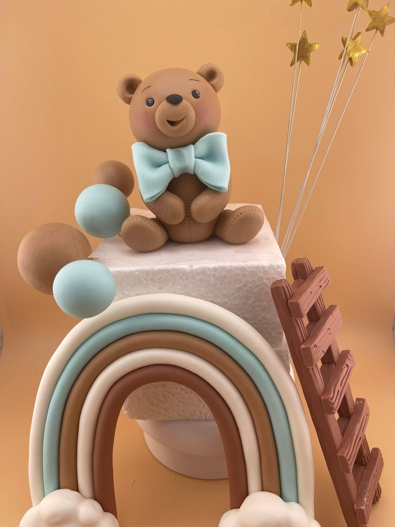 Teddy Bear Cake Topper: Rainbow Ladder, Fondant Baby Shower Decorations ...
