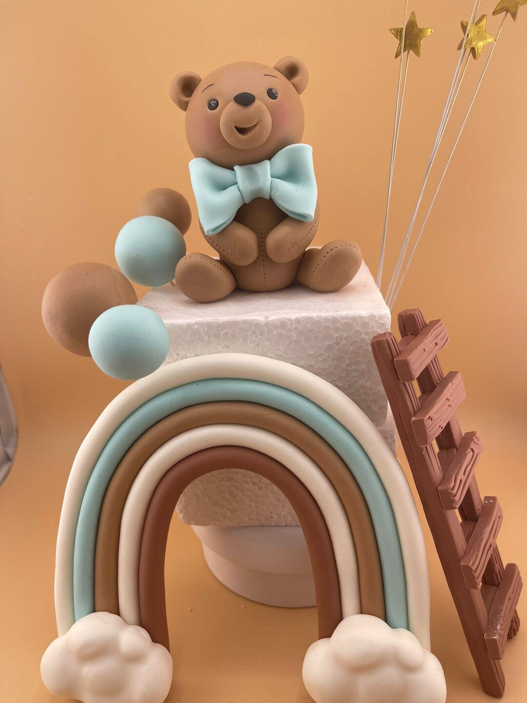 Teddy Bear Cake Topper: Rainbow Ladder, Fondant Baby Shower Decorations ...